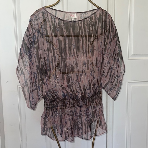Parker | Tops | Parker Gold Thread Watercolor Pink And Blue Sheer Top ...